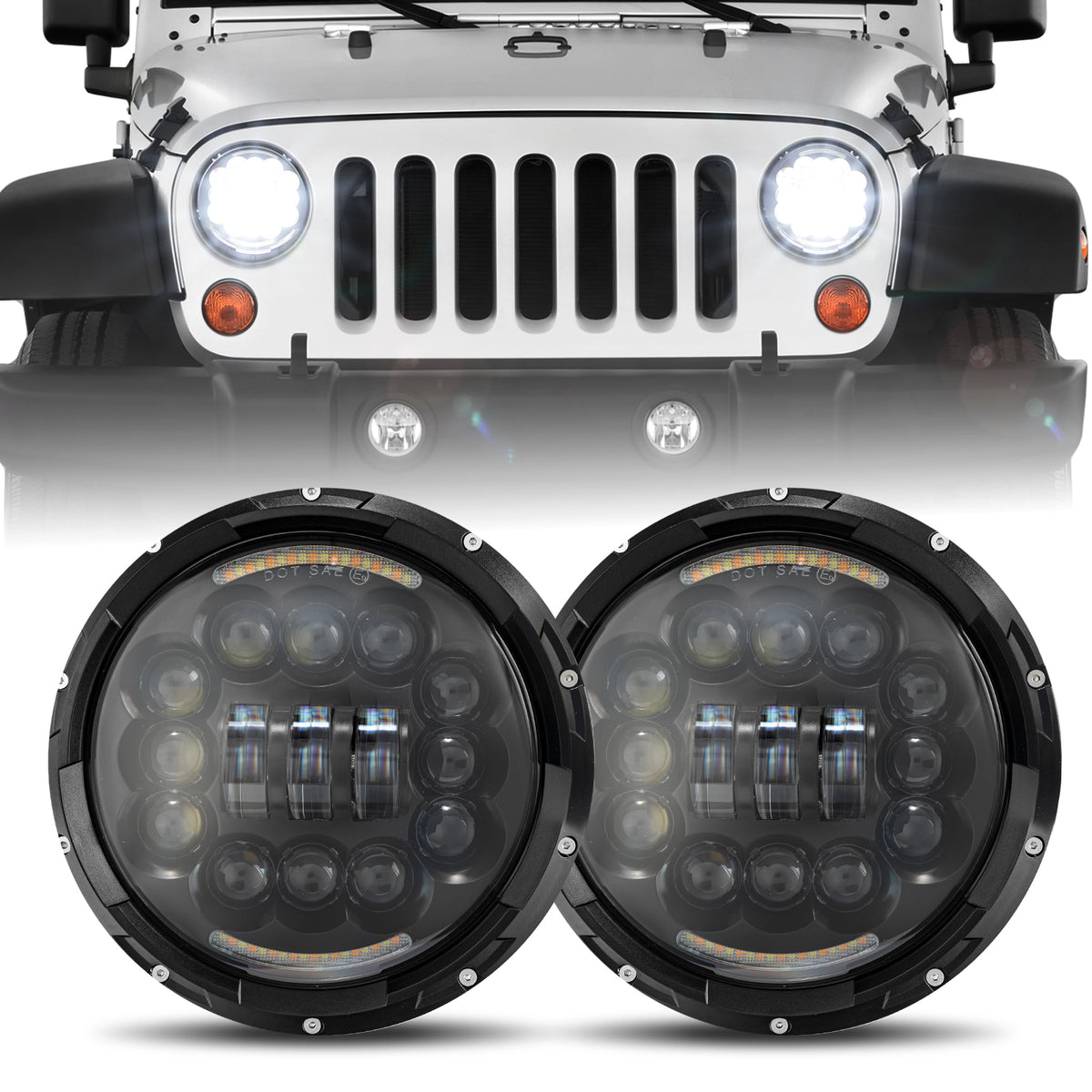 7" 108W LED Headlights Integrated DRL & Amber Turn Signal Function for ...