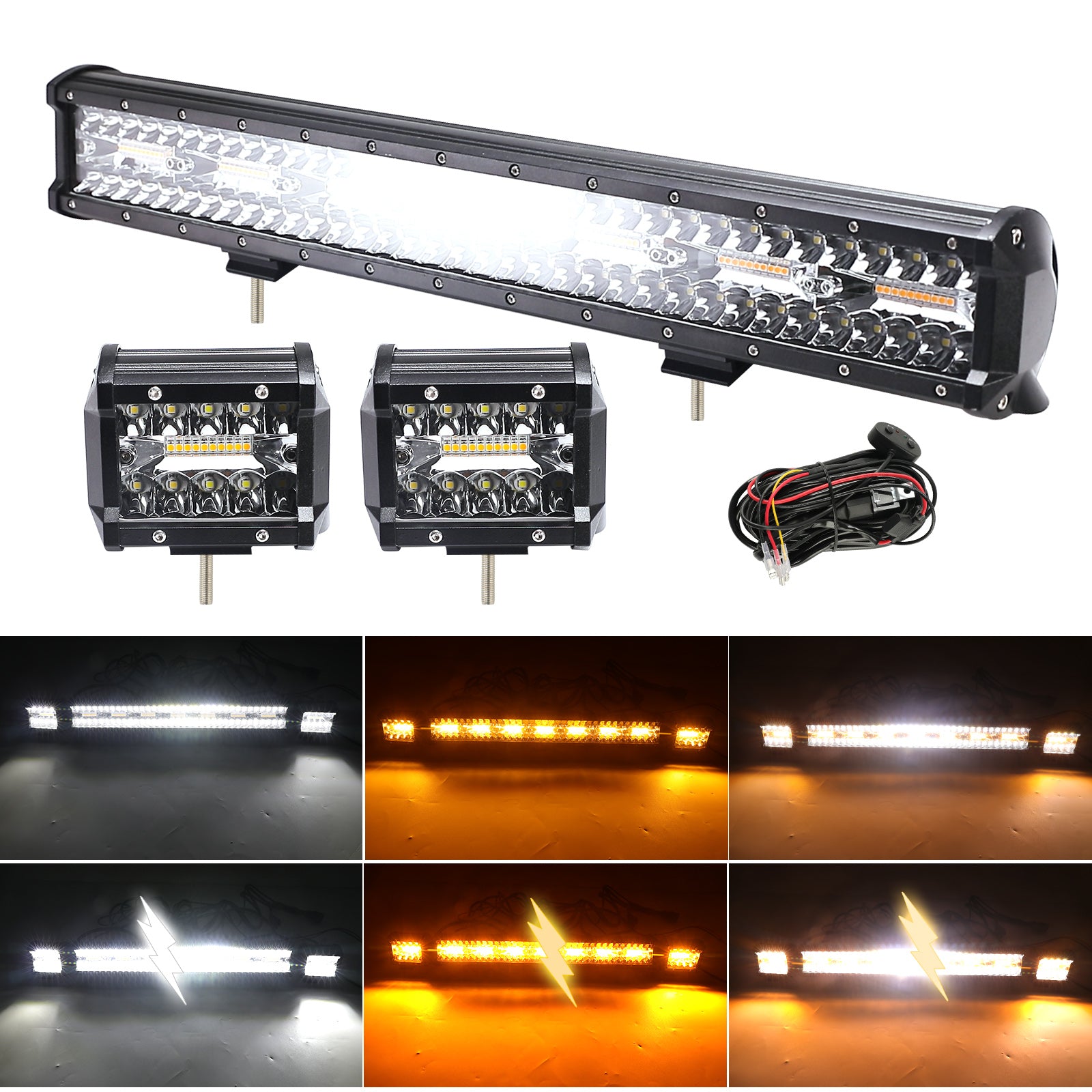 6 Modes White & Amber LED 420W 20" LIght Bar & 2PCS 60W 4" Wrok Lights