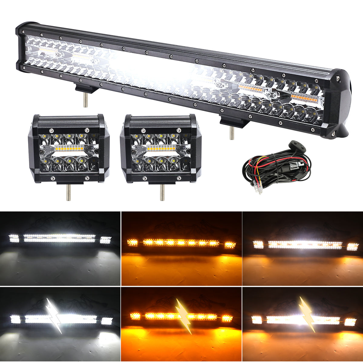6 Modes White & Amber LED 420W 20" LIght Bar & 2PCS 60W 4" Wrok Lights