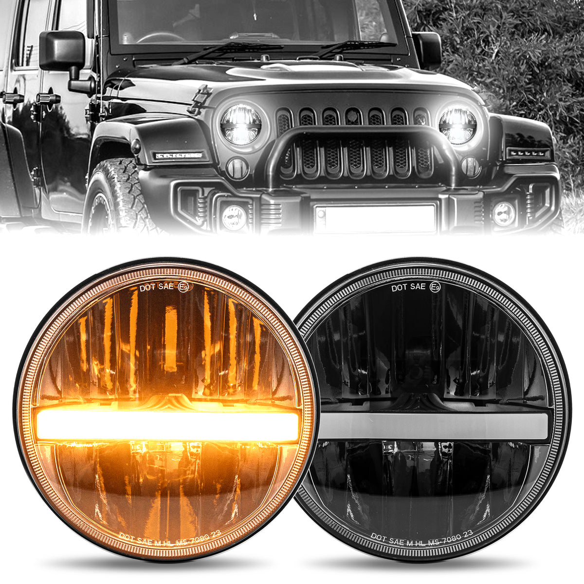 7" Round LED Headlights W/Amber Turn Signal & DRL for Jeep Wrangler JK ...