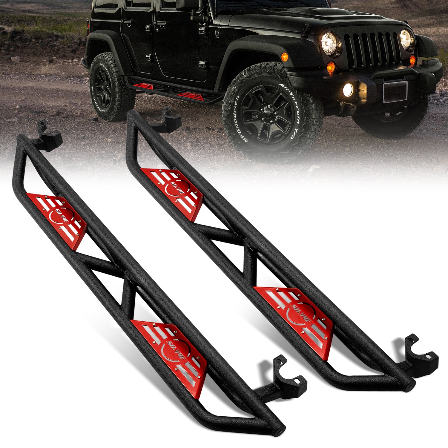 '07-'18 Jeep Wrangler JKU 4 Door Black Carbon Steel Side Steps & Runni