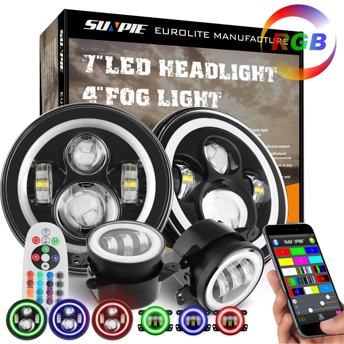 RGBW 7" Headlight & 4" Fog Light Combo Kit for 07-18 Jeep Wrangler JK ...