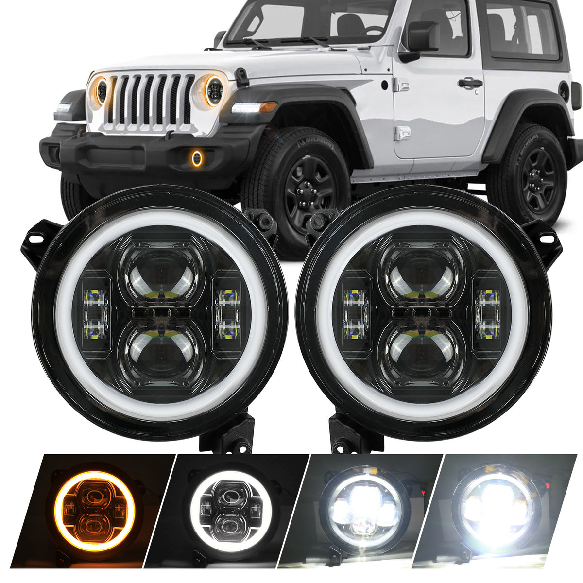 9 inch LED Headlights with DRL & Amber Turn Signal for Jeep Wrangler ...
