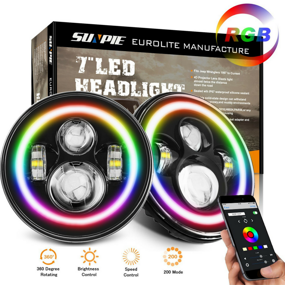 Sunpie 7" RGB LED chasing halo headlights bluetooth control