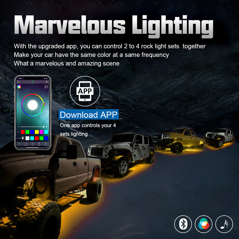 Sunpie 8PCS RGBW Rectangle LED Rock Lights Bluetooth & Remote Controll